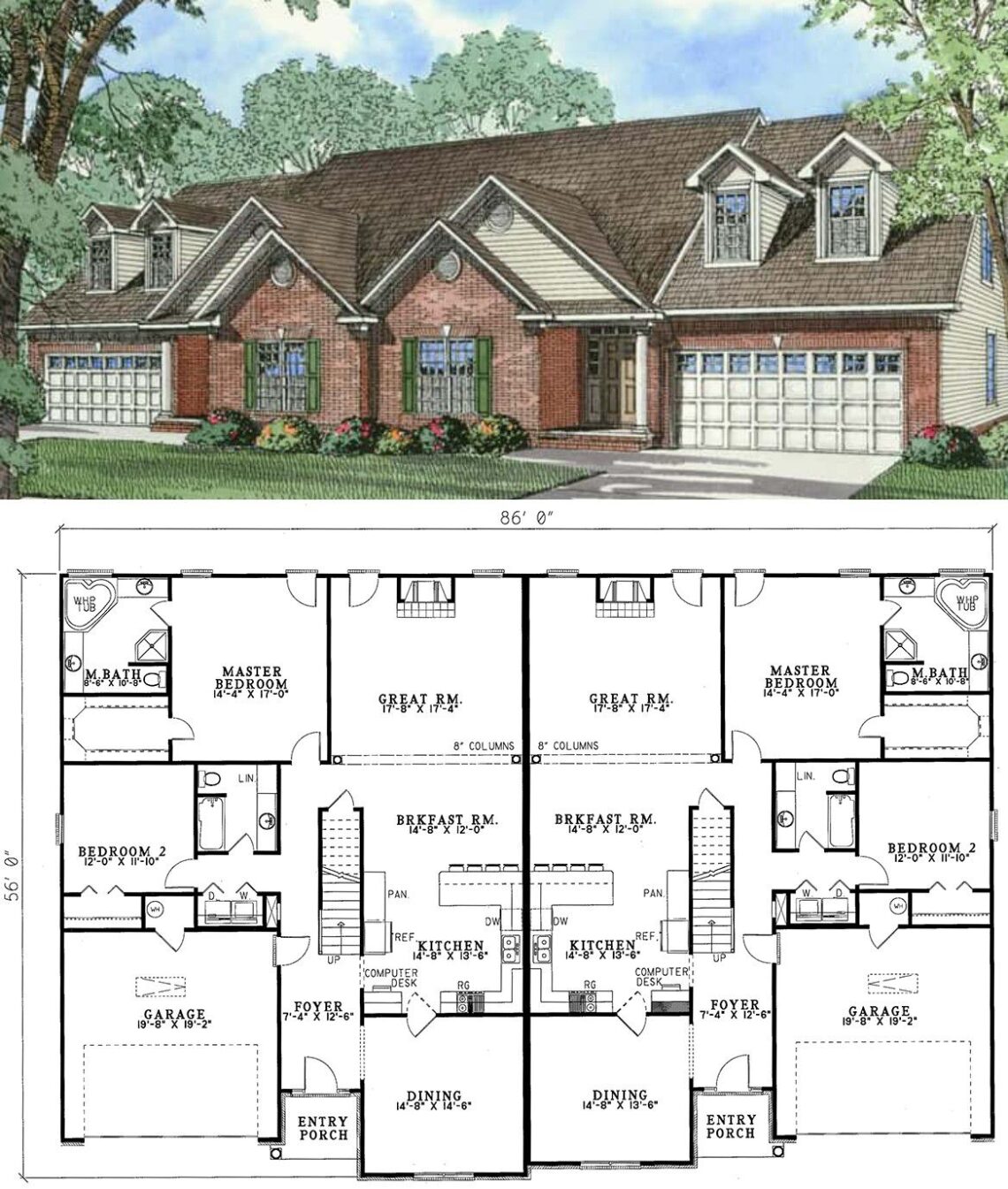 Duplex House Plan 59333ND — Twin 3-Bed Units (~2,259 Sq Ft Each) for Comfortable, Versatile ...