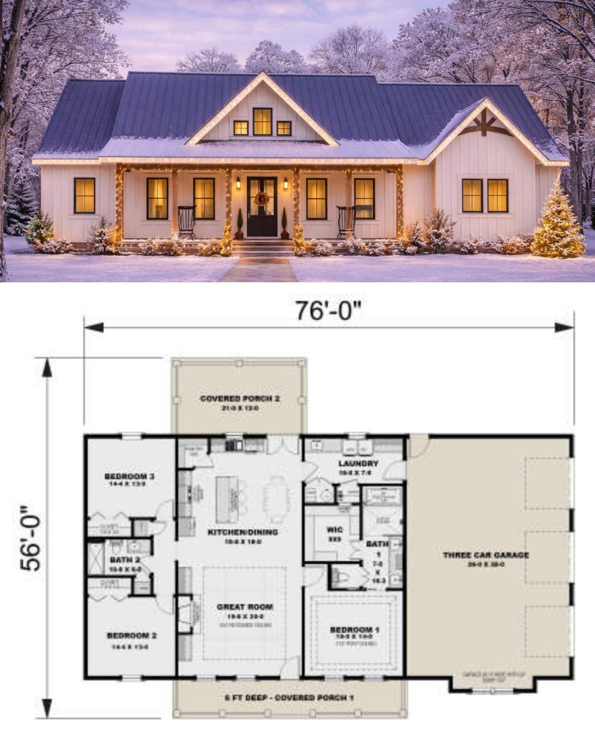 Modern Farmhouse Plan – Beautiful 3-Bedroom, 2-Bathroom Layout with ...